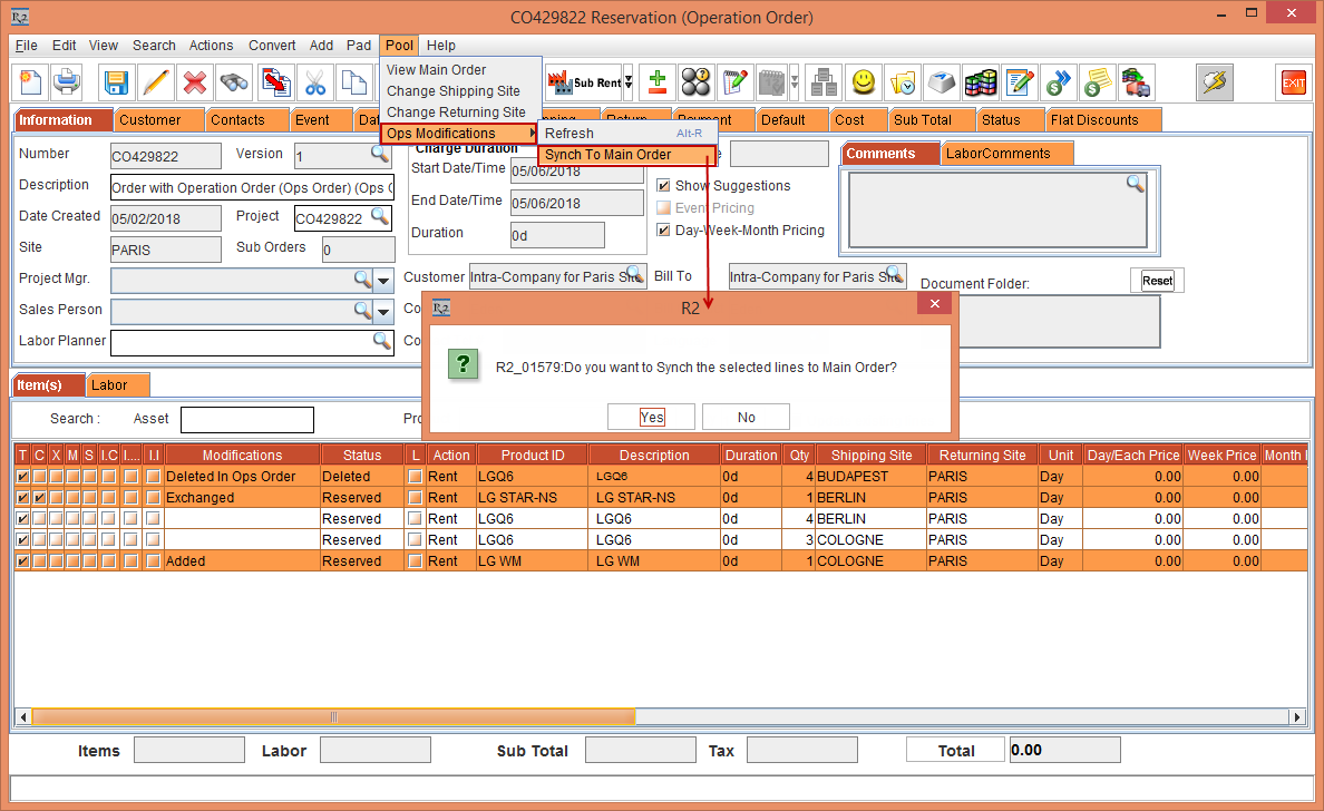 Synch the Operation Order Changes to Main Order