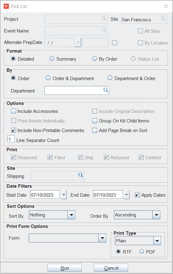 Print Picklist Window