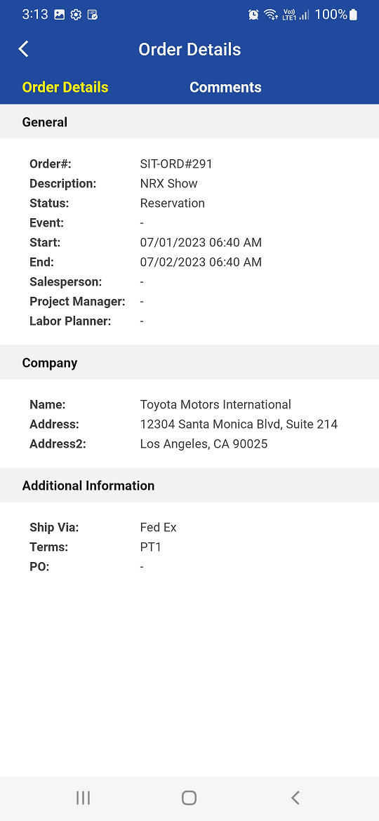 Order and Transfer Order Information